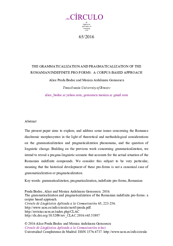 (PDF) THE GRAMMATICALIZATION AND PRAGMATICALIZATION OF THE ROMANIAN INDEFINITE PRO-FORMS: A ...