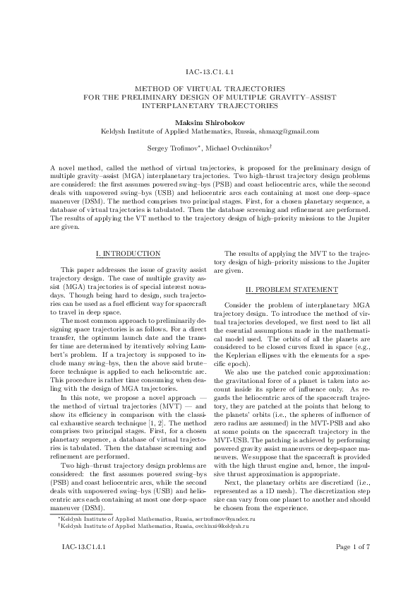 (PDF) Method of Virtual Trajectories for the Preliminary Design of Multiple Gravity-Assist ...