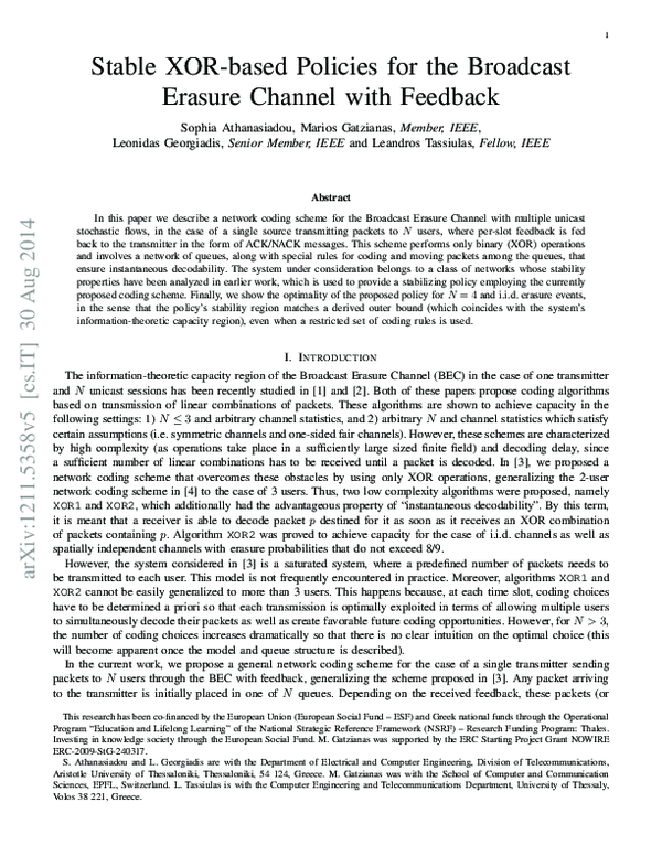(PDF) Stable XOR-Based Policies for the Broadcast Erasure Channel With Feedback