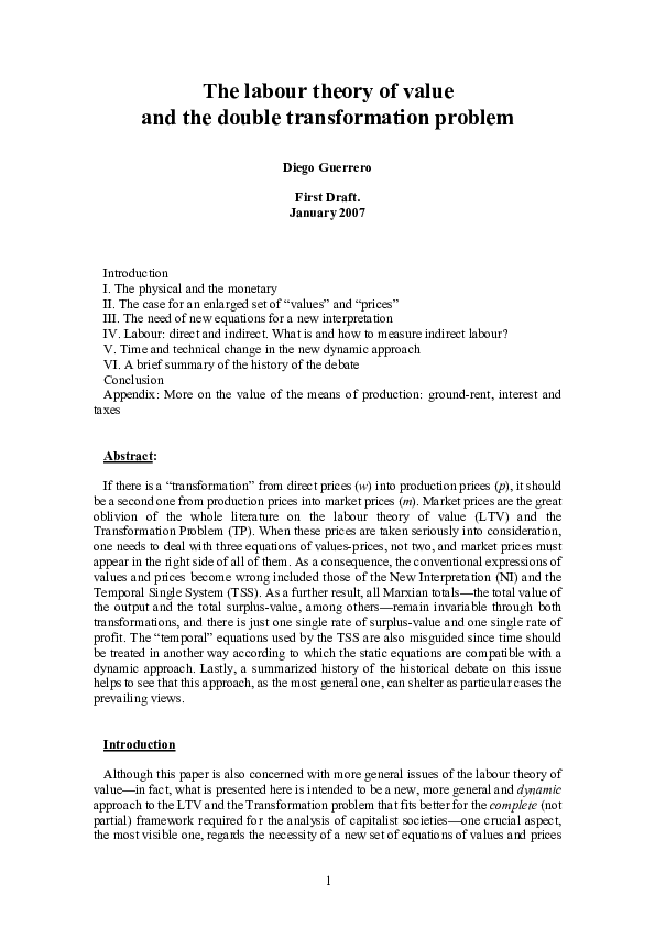 (PDF) The labour theory of value and the double transformation problem