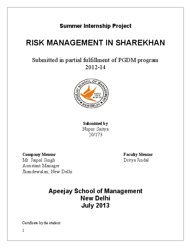 (DOC) Summer Internship Project RISK MANAGEMENT IN SHAREKHAN Submitted ...
