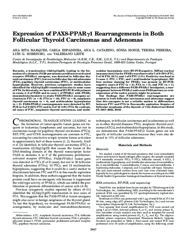 (PDF) Expression of PAX8-PPAR 1 Rearrangements in Both Follicular Thyroid Carcinomas and Adenomas
