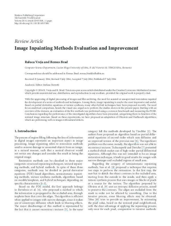 (PDF) Image inpainting methods evaluation and improvement | Remus Brad ...