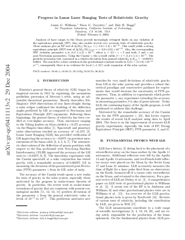 (PDF) Progress in Lunar Laser Ranging Tests of Relativistic Gravity ...