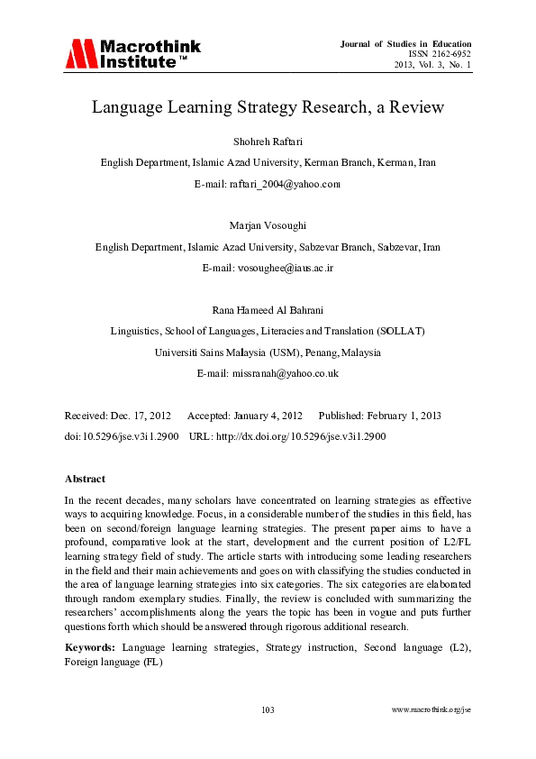 (PDF) Language Learning Strategy Research, a Review