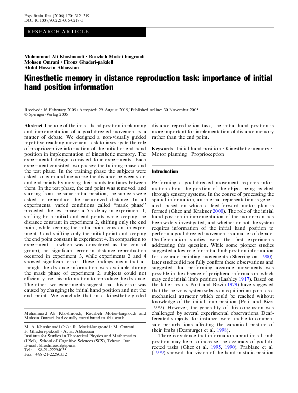 (PDF) Kinesthetic memory in distance reproduction task: importance of ...