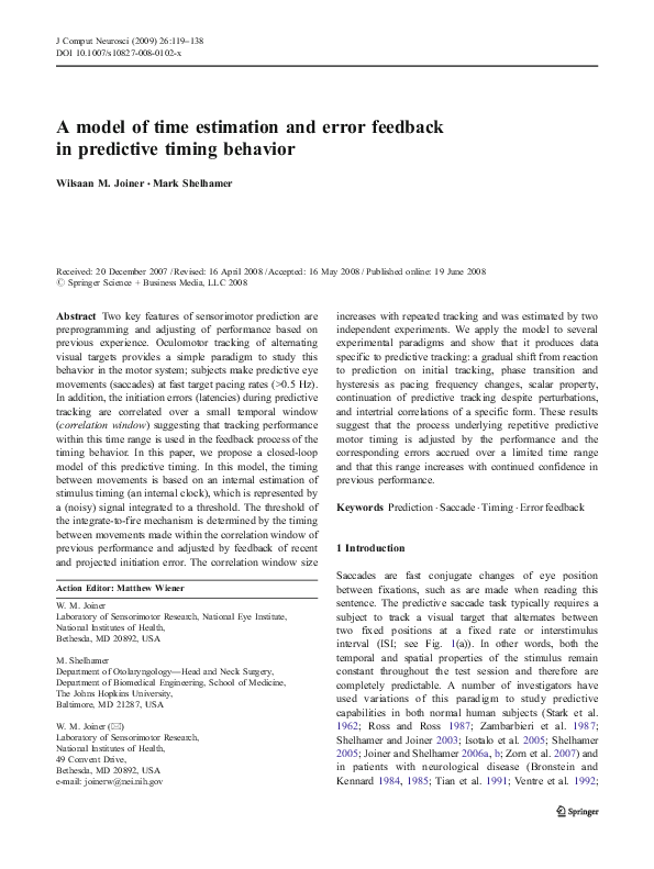(PDF) A model of time estimation and error feedback in predictive timing behavior