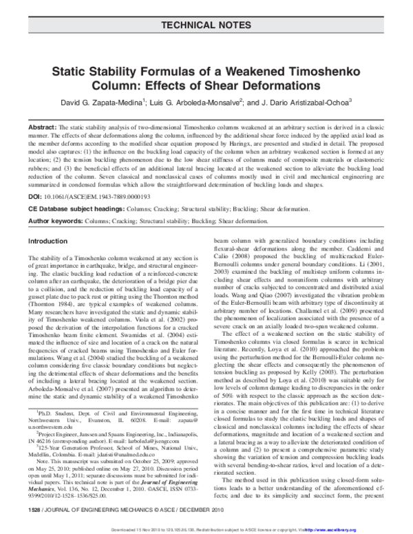 (PDF) Static Stability Formulas of a Weakened Timoshenko Column: Effects of Shear Deformations