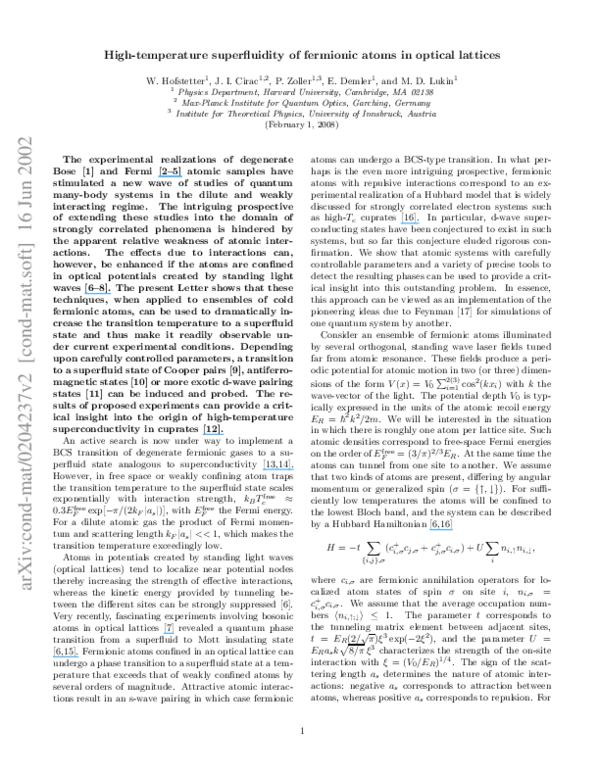 (PDF) High-Temperature Superfluidity of Fermionic Atoms in Optical Lattices