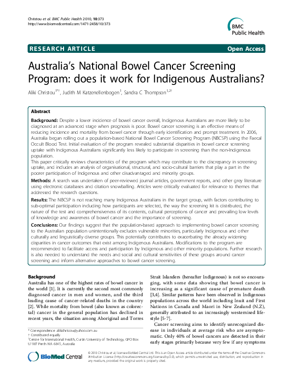 (PDF) Australia's National Bowel Cancer Screening Program: does it work for Indigenous Australians?