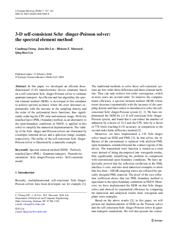 Pdf 3 D Self Consistent Schrödinger Poisson Solver The Spectral Element Method