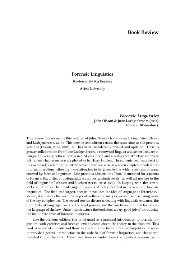 (PDF) Book Review Forensic Linguistics Olsson and Luchjenbroers