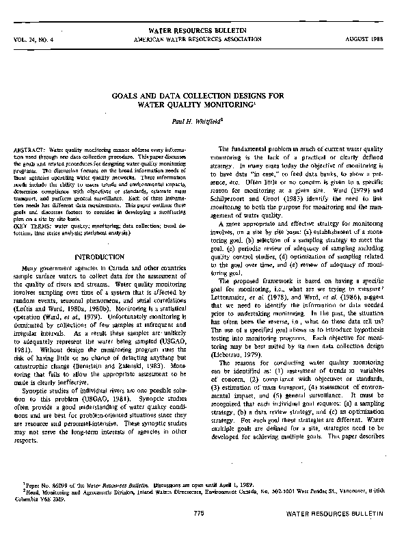 (PDF) Goals and Data Collection Designs for Water Quality Monitoring