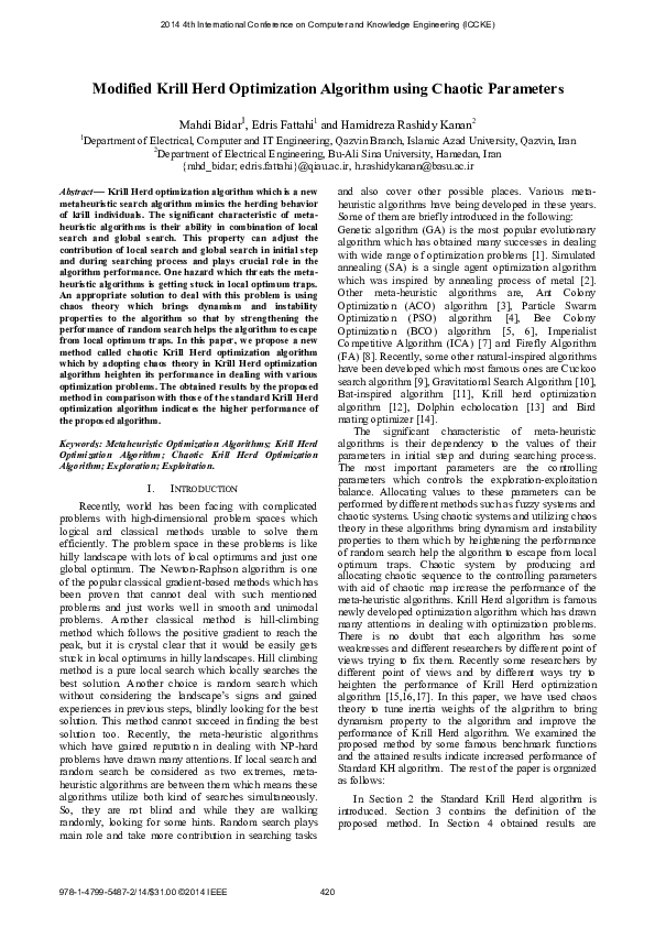Pdf Modified Krill Herd Optimization Algorithm Using Chaotic Parameters