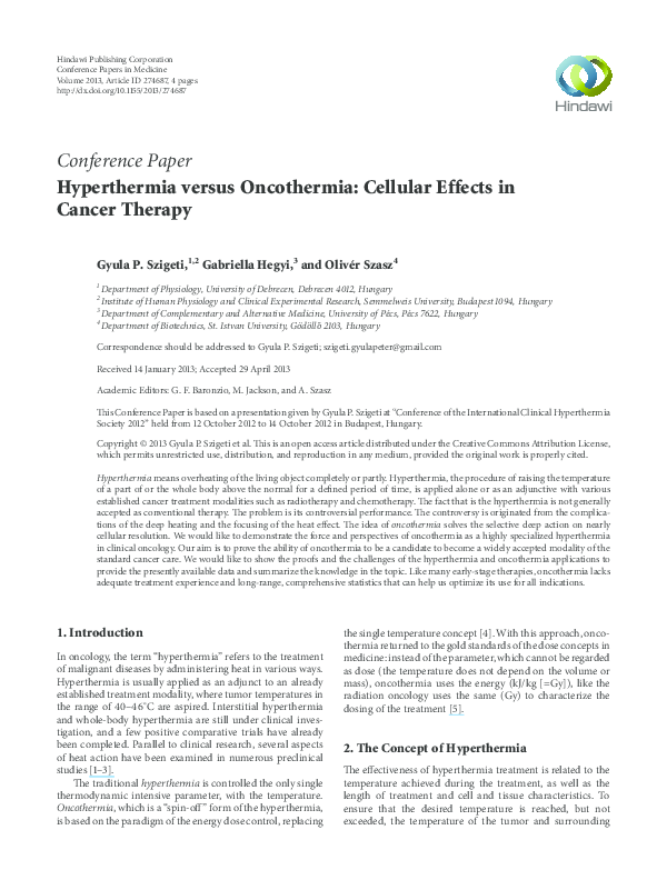 (PDF) Hyperthermia versus Oncothermia: Cellular Effects in Cancer Therapy