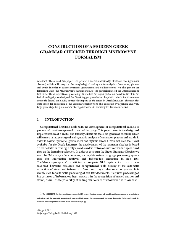 (PDF) Construction of a Modern Greek Grammar Checker Through Mnemosyne ...