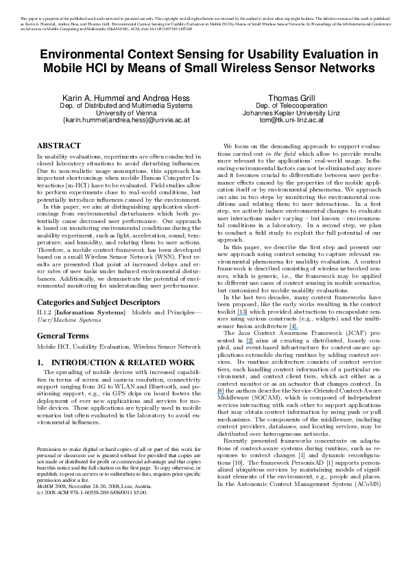 (PDF) Environmental context sensing for usability evaluation in mobile HCI by means of small ...
