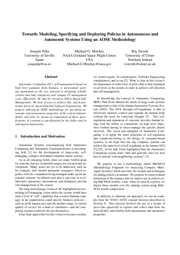 Pdf Towards Modeling Specifying And Deploying Policies In Autonomous And Autonomic Systems