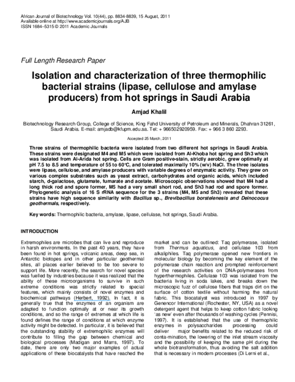 (PDF) Isolation and characterization of three thermophilic bacterial strains (lipase, cellulose ...