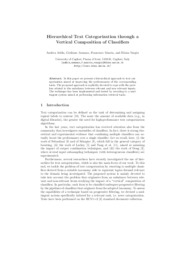 (PDF) Hierarchical Text Categorization Through a Vertical Composition of Classifiers