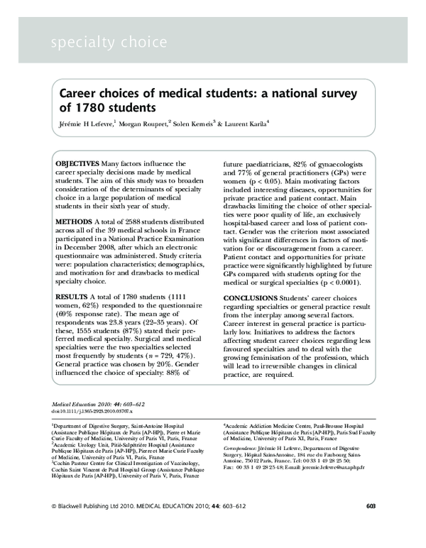 (PDF) Career choices of medical students: a national survey of 1780 ...