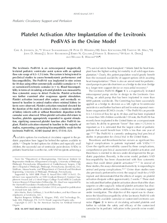 (PDF) Platelet Activation After Implantation of the Levitronix PediVAS ...