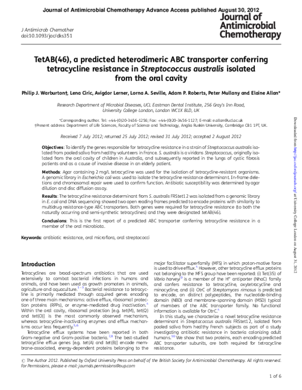 (PDF) TetAB(46), a predicted heterodimeric ABC transporter conferring ...