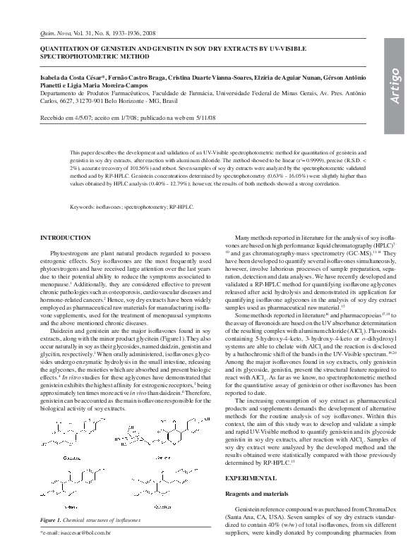 (PDF) Quantitation of genistein and genistin in soy dry extracts by UV ...
