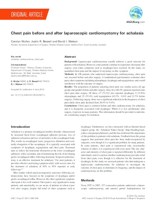 (PDF) Chest pain before and after laparoscopic cardiomyotomy for ...