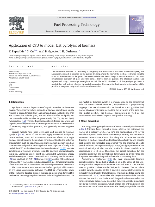 (PDF) Application of CFD to model fast pyrolysis of biomass