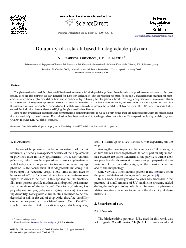 (PDF) Durability of a starch-based biodegradable polymer