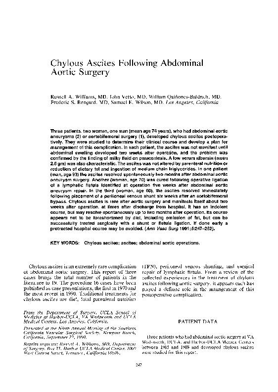 Pdf Chylous Ascites Following Abdominal Aortic Surgery Senol Yavuz