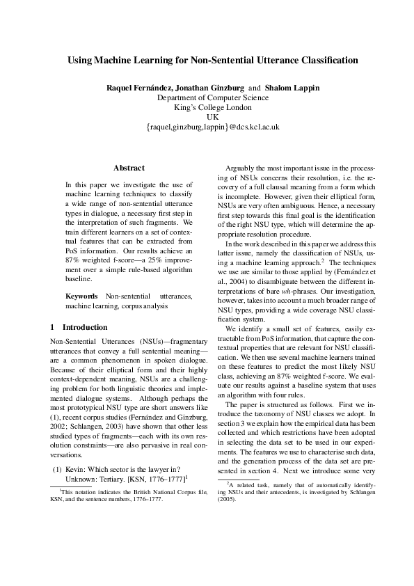 (PDF) Using Machine Learning for Non-Sentential Utterance Classification