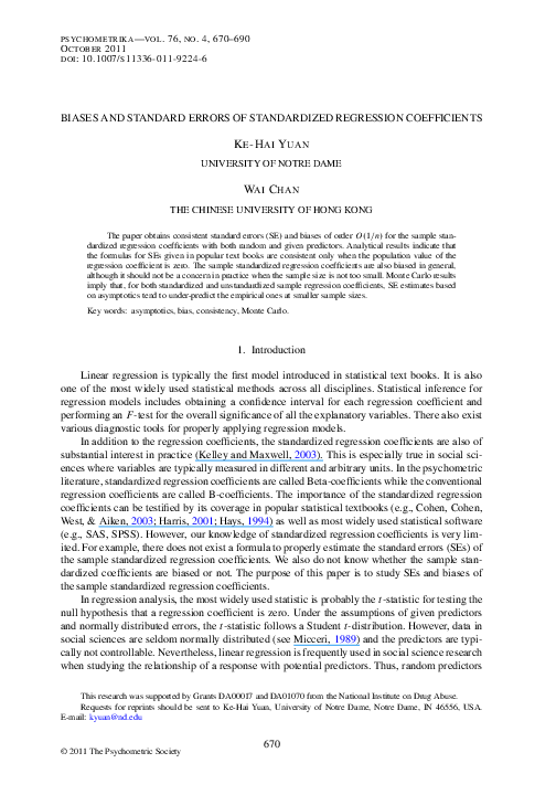 Pdf Biases And Standard Errors Of Standardized Regression Coefficients