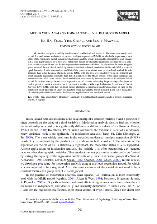 Pdf Moderation Analysis Using A Two Level Regression Model