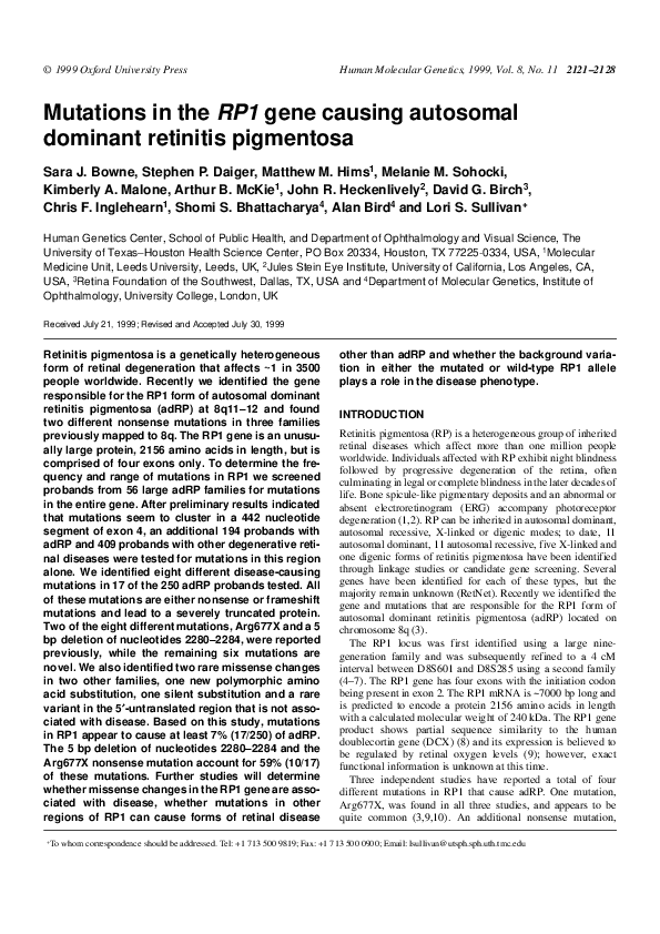(PDF) Mutations in the RP1 gene causing autosomal dominant retinitis ...