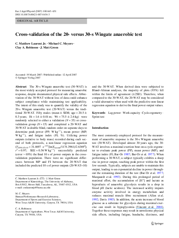 Pdf Cross Validation Of The 20 Versus 30 S Wingate Anaerobic Test