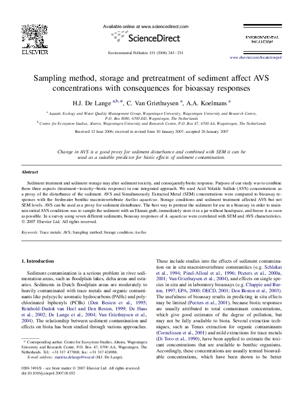 (PDF) Sampling method, storage and pretreatment of sediment affect AVS ...