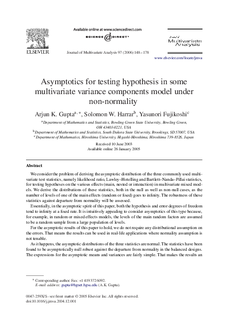 (PDF) Asymptotics for testing hypothesis in some multivariate variance ...