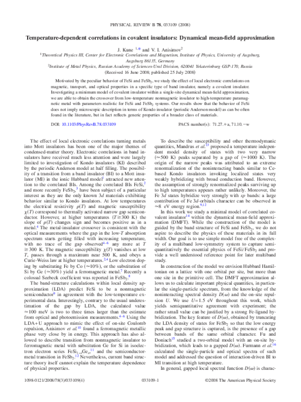 (PDF) Temperature-dependent correlations in covalent insulators: Dynamical mean-field approximation