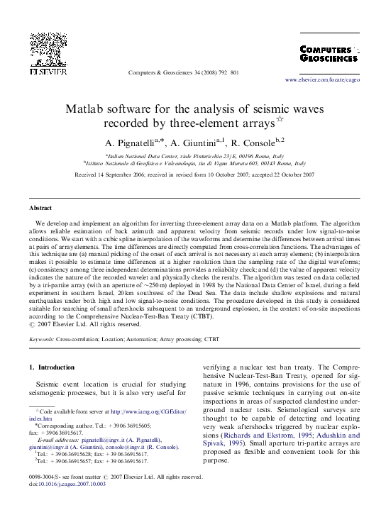 Pdf Matlab Software For The Analysis Of Seismic Waves Recorded By Three Element Arrays