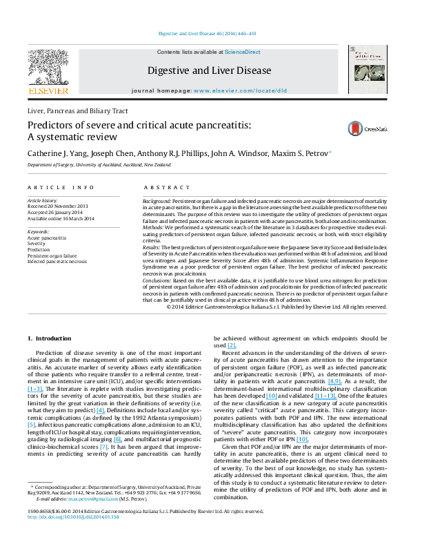 (PDF) Predictors of severe and critical acute pancreatitis: A ...
