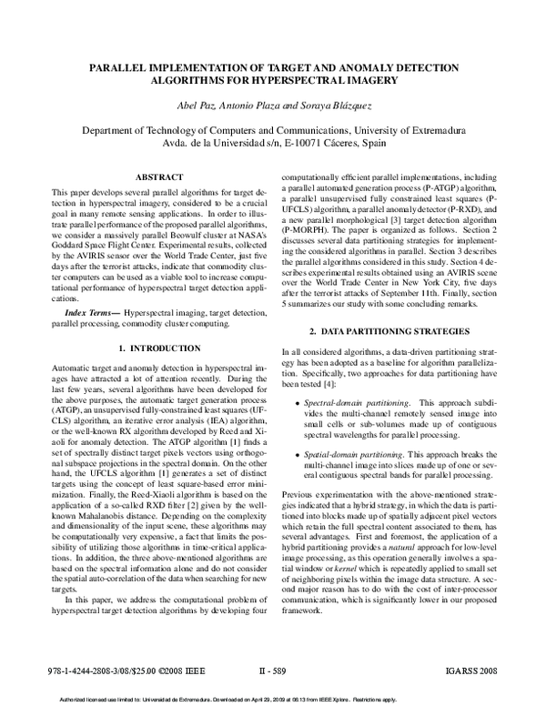 Pdf Parallel Implementation Of Target And Anomaly Detection Algorithms For Hyperspectral