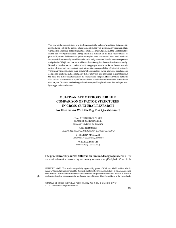 (PDF) Multivariate Methods for the Comparison of Factor Structures in Cross-Cultural Research ...