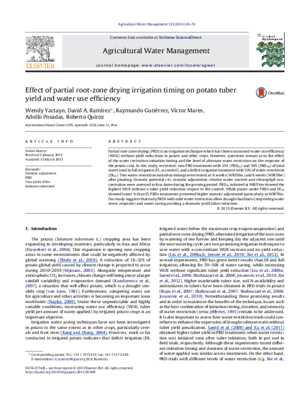 Pdf Effect Of Partial Root Zone Drying Irrigation Timing On Potato