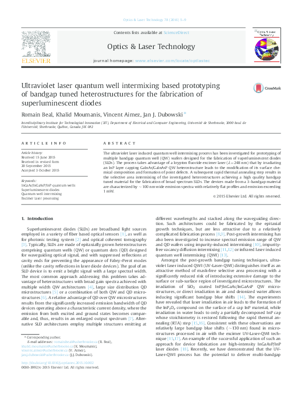 (PDF) Ultraviolet laser quantum well intermixing based prototyping of bandgap tuned ...