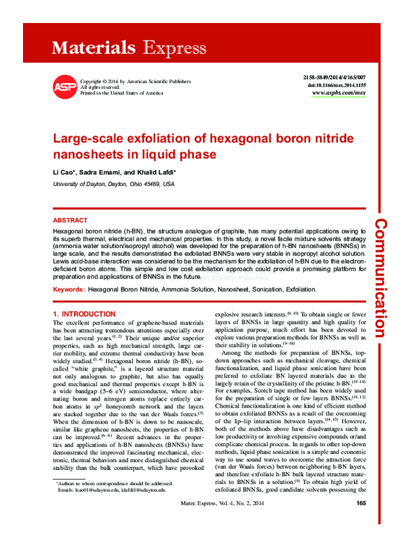 (PDF) Large-scale exfoliation of hexagonal boron nitride nanosheets in liquid phase