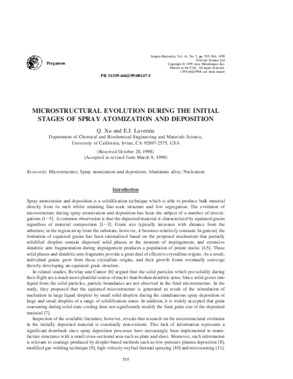(PDF) Microstructural evolution during the initial stages of spray atomization and deposition