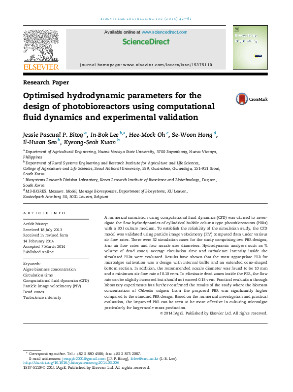 (PDF) Optimised hydrodynamic parameters for the design of photobioreactors using computational ...