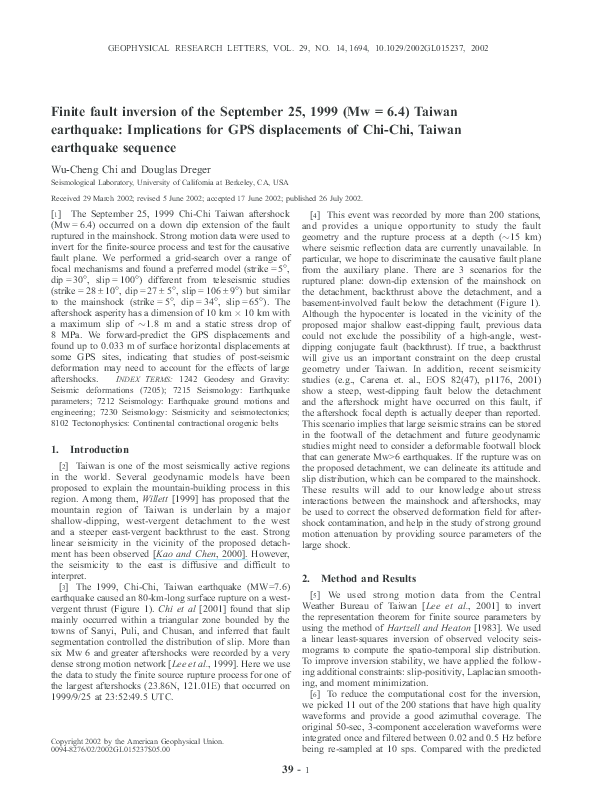 (PDF) Finite fault inversion of the September 25, 1999 (Mw = 6.4 ...